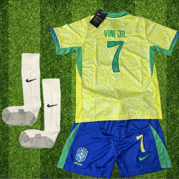 Nike | Shirts & Tops | Brazil Vini Jr 7 Yellow Home Jersey Kids Soccer ...